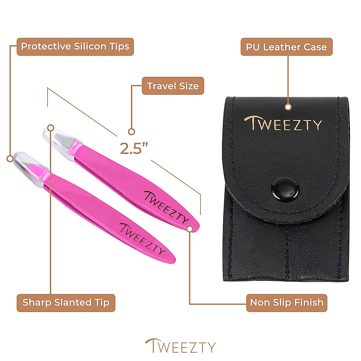 Tweezty Tweezer Set for Travel - Mini Slant Tweezers and Precision Tweezers - Tweezers for Eyebrows and Tweezers for Ingrown Hair - Pink Tweezers Kit with Travel Case
