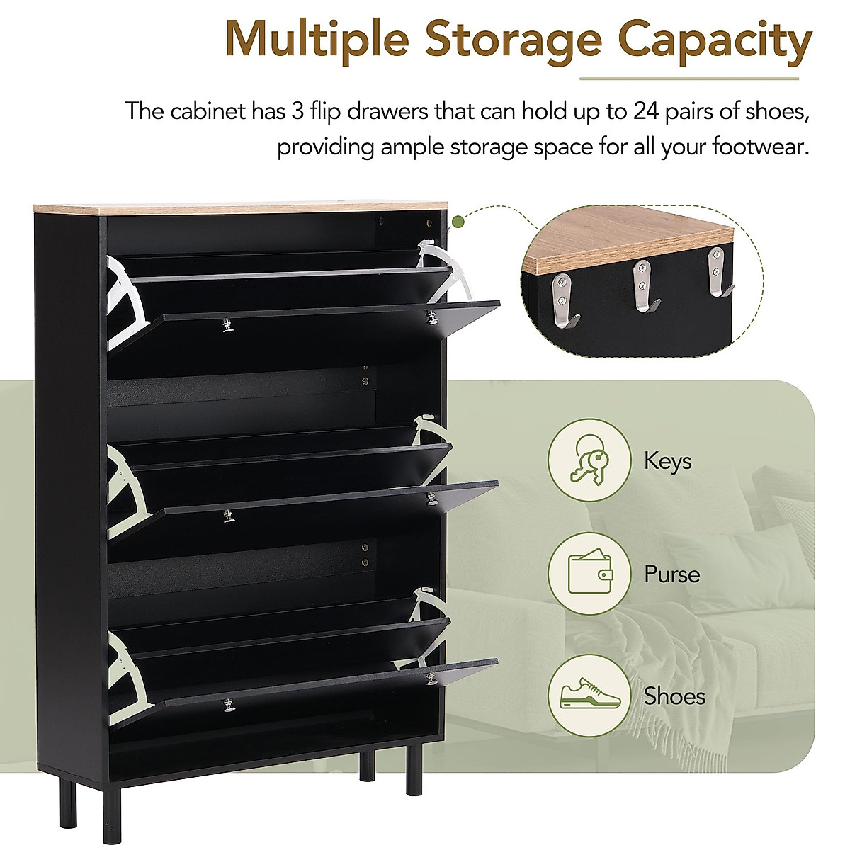 VENBER Narrow Design Shoe Cabinet with 3 Flip Drawers, Wood Grain Pattern Top Entryway Organizer with 3 Hooks, Free Standing Shoe Rack with Adjustable Panel for Hallway (Black)