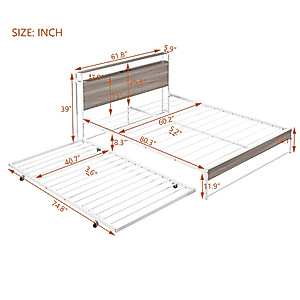 SOFTSEA Queen Size Metal Platform Bed Frame with Trundle, Metal Bed Frame with USB Ports, Queen Trundle Bed with Storage Headboard Metal Panel Bed with Shelf for Bedroom Guestroom, White