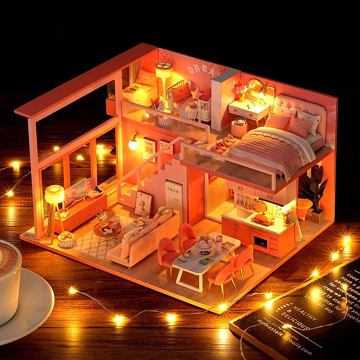 GuDoQi DIY Miniature Dollhouse Kit, Mini Dollhouse Kit with Furniture, Tiny House Kit Plus Dust Cover, DIY Miniature Kits, Gift for Birthday Easter Day, Sweet Angel