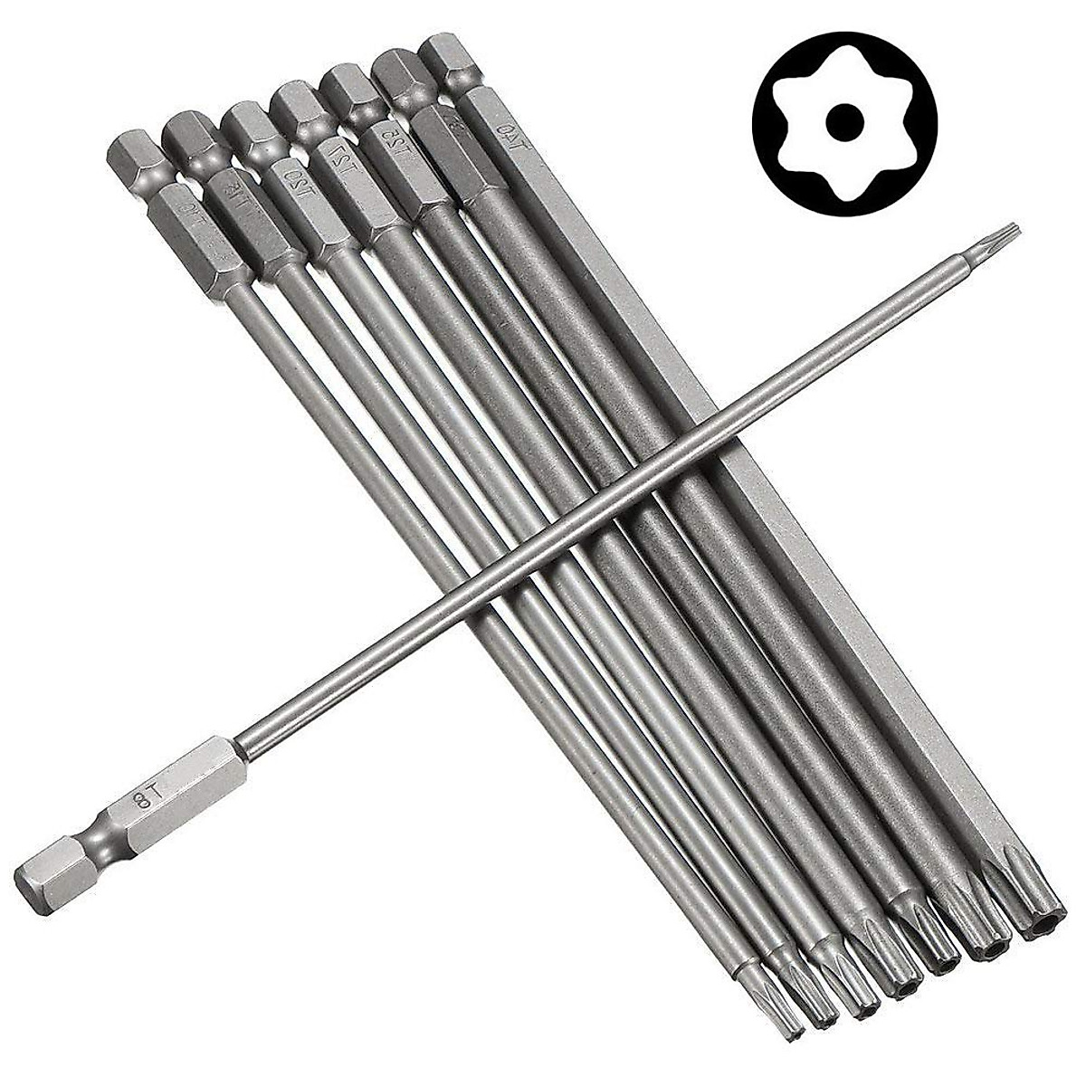 Mesee 8Pcs Long Torx Screwdriver Bit Set, 1/4 Inch Hex Shank T8-T40 Security S2 Magnetic Star Torx Head Screw Screwdriver Drill Bits Accessory Tool | 150mm Length