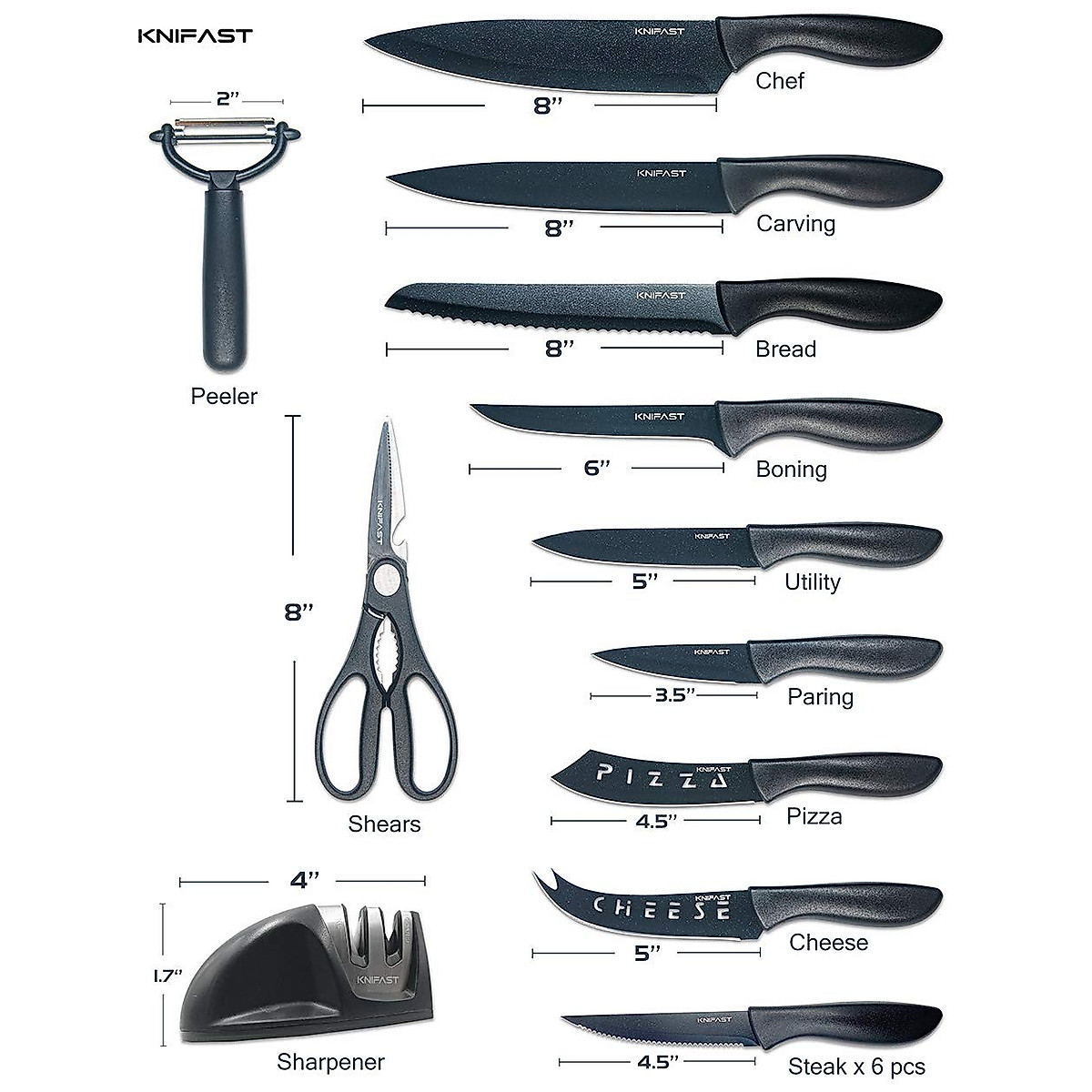 KNIFAST Knife Set Stainless Steel 18 Pieces with Block Dishwasher Safe, Kitchen Knives Set Chef Knife Set with Knife Sharpener, 6 Steak Knives with Peeler Scissors Cheese Pizza Knife and Acrylic Stand