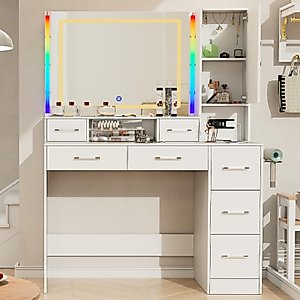 Hiwelldas Vanity Desk with Mirror and Lights, 43.3'' Large Makeup Vanity Table with Ambient Light 3 Lighting Modes Brightness Adjustable, Dressing Table with with Charging Station,7 Drawers