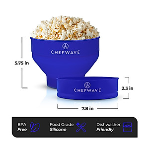 Chefwave Silicone Popcorn Popper (Dark Blue) - Reusable, Collapsible Microwave Popcorn Bowl - Dishwasher Safe