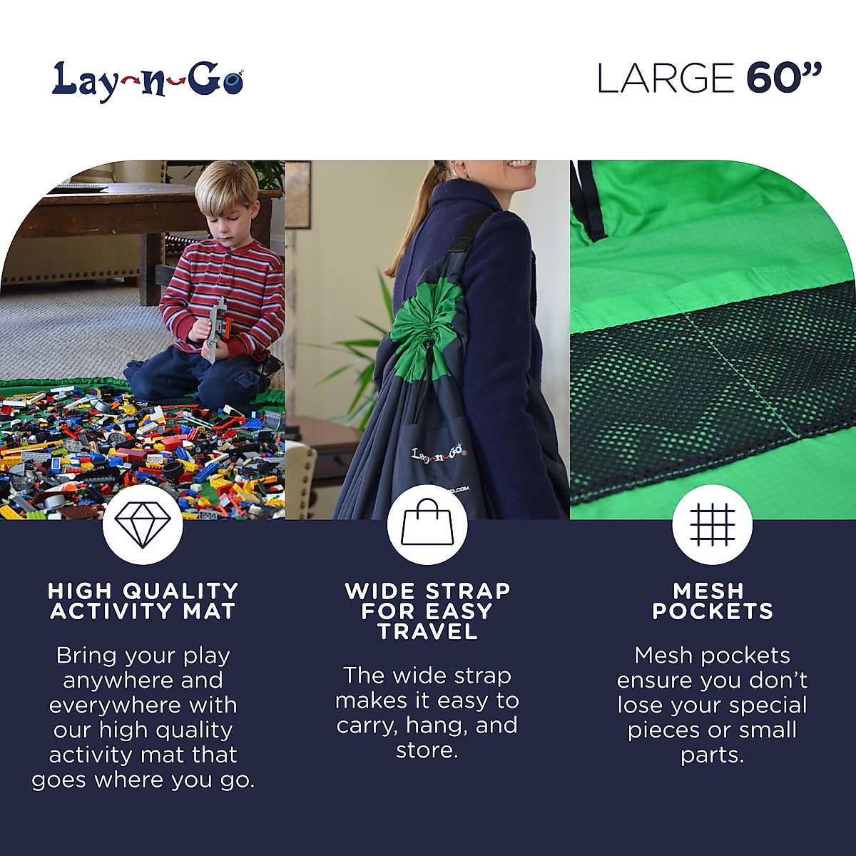 Lay-n-Go 2-in-1 Extra Large Portable Drawstring Toys Storage Organizer and Play Mat for Room and Travel, Made for Kids and Toddlers with a Durable Patented Design, 60 inch, Green