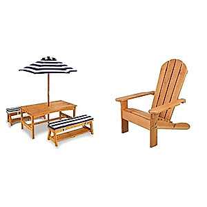 KidKraft Outdoor Wooden Table & Bench Set with Cushions and Umbrella, Kids Backyard Furniture, Navy and White Stripe Fabric & Wooden Adirondack Children's Outdoor Chair, 3-8 21.5 x 19.2 x 24.5