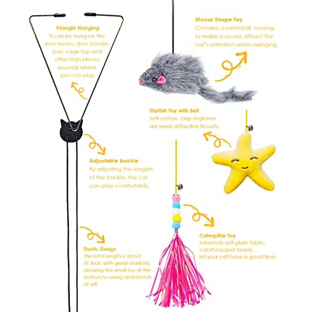 Mice Toys for Indoor Cats - 3 Pack Hanging Door Cat Toys with Tassel - Retractable Cat Toy with Rope Mouse Starfish Caterpillar - Interactive Cat Teaser Toy for Indoor Kitten Play Chase Exercise