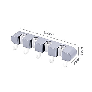 Broom and Mop Holder Wall Mount, 5 Hooks and 4 Slot, Adhesive Garden Tool Rack Organizer for Closet Garage Laundry Room, Anti-Slip Hanger for Brooms, Mops, Rakes, Dustpans, 13 x 2.2 x 1.8 inches