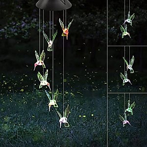 Hummingbird Solar Wind Chimes for Outside Gifts for Mom Grandma Birthday Gift Outdoor Color Changing LED Wind Chimes Solar Windchimes Lights for Garden Yard Porch Window Decorations