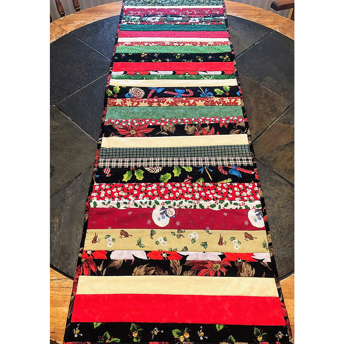 Quilted Holiday Table Runner, Jelly Roll Stripes, Rectangular, Reversible, Poinsettia Fabric, Christmas Decor, 100% Cotton