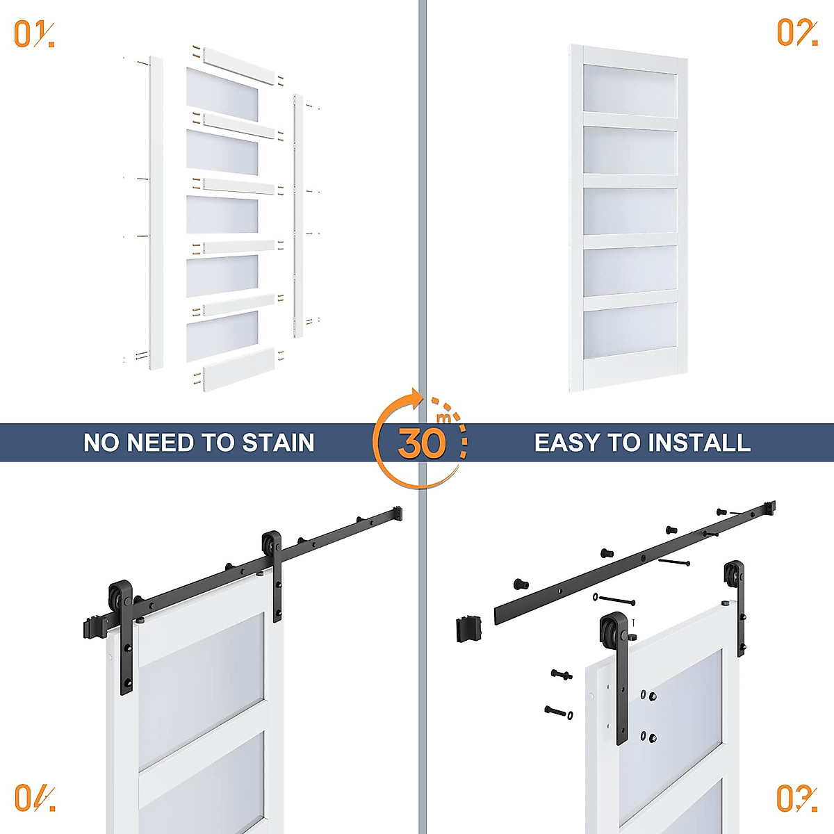 ROYMELO 48x84 Inch Glass Sliding Barn Door Slab and 8ft Hardware Kit Included, 5 Frosted Glass, LVL Wood Panel Covered with White Water-Proof Scratch-Proof PVC Surface, Simple DIY Assembly