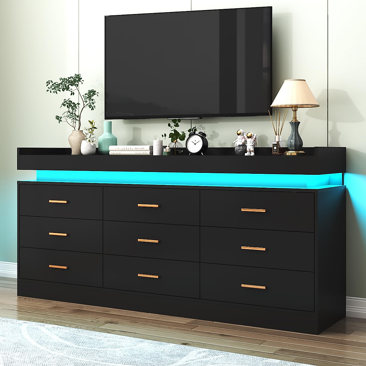 Hlivelood 9 Drawer Dresser with LED Light and Charging Station, Modern Chest of Drawers for Closet, Wide Drawer Organizer Cabinet for Bedroom, Living Room, Entryway, Hallway(9 Drawer Black)