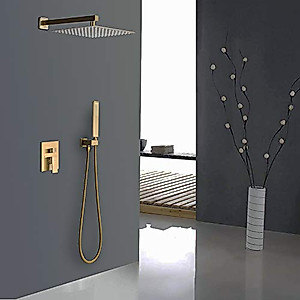Iriber Champagne Bronze Rain Shower System with 12 Inch Shower Head and Handheld Bathroom Wall Mounted Brushed Golden Shower Set Contain Shower Faucet Mixer and Brush Gold Trim Kit (Valve Included)