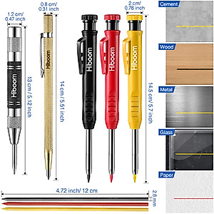 Hiboom 8 Pack Carpenter Pencil Set, 3 Colorful Solid Carpenter Pencils with Sharpener and Refills, Automatic Center Punch, Carbide Scribe Tool Kit for Construction Woodworking