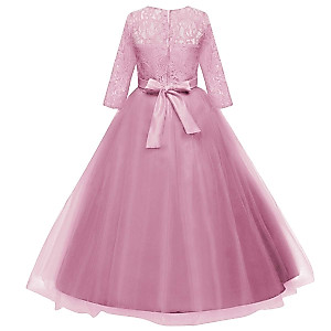 Flower Girl Long Princess Dress Vintage Lace Maxi Gown Kids Formal Wedding Bridesmaid Pageant Tulle Dresses Little Big Girls Elegant Bowknot Dance First Communion Birthday Prom Dresses Dark Pink 7-8Y