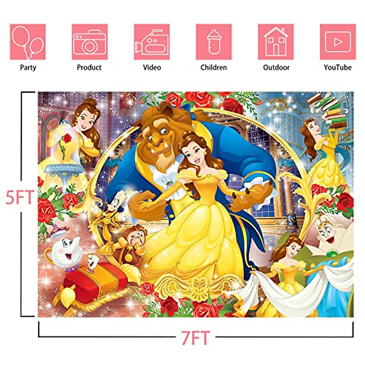 Beauty and The Beast Backdrop,7x5 FT Princess Belle Banner Princess Belle Background Beauty and The Beast Theme Birthday Party Backdrop Supplies & Decor for Girls