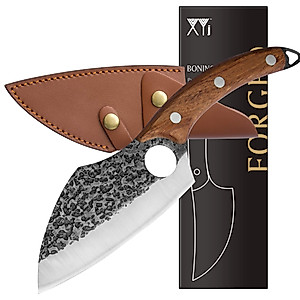 XYJ 6 inch Boning Knife Full Tang Handmade Forging Carving Knife 4Cr13 Stainless Steel Blade with Soft Leather Sleeves for Carrying Out