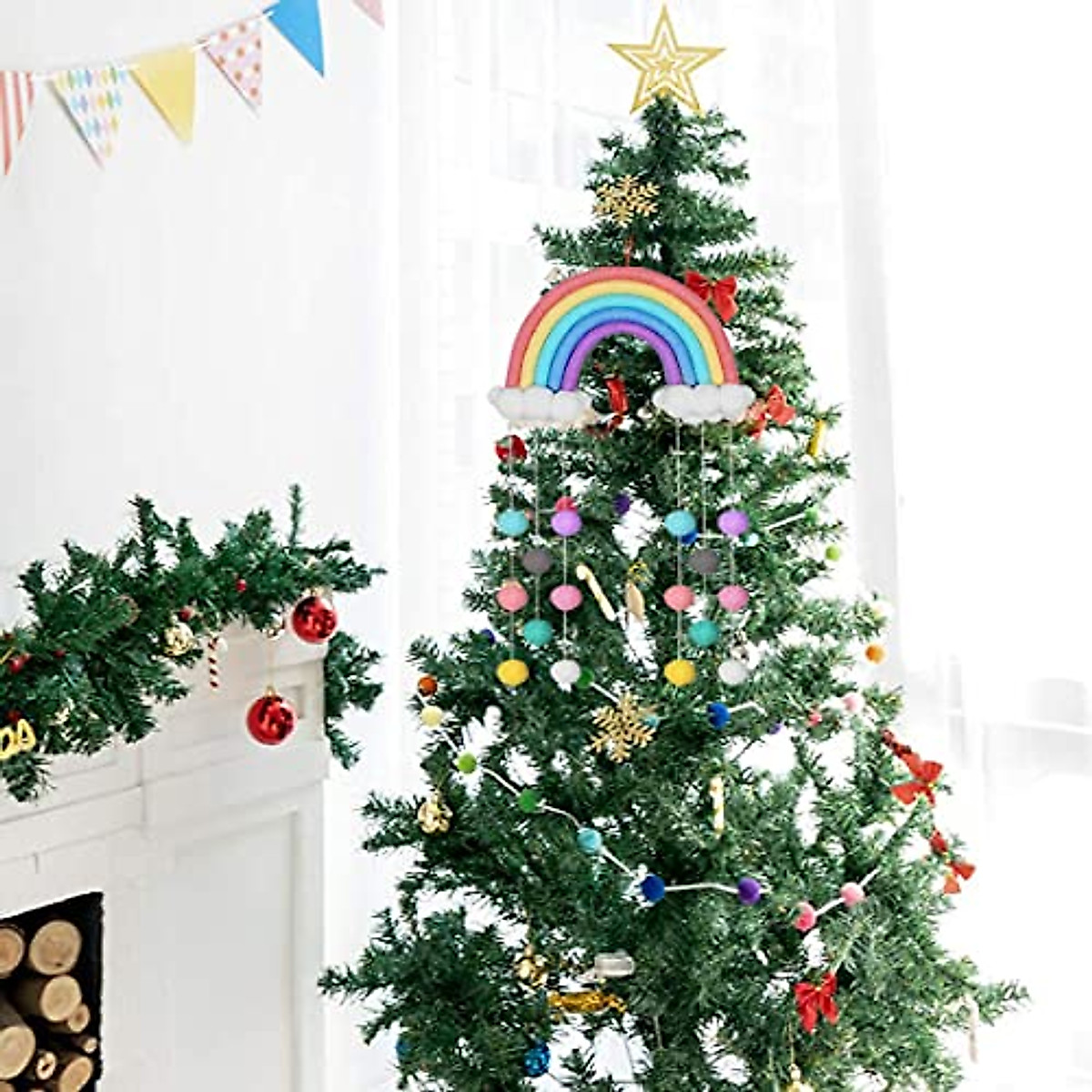 Boho Rainbow Nursery Decor Pom Pom Ball Handmade Macrame Rainbow Cloud Raindrop Wall Hanging Tassel for Home Decor Baby Room Nursery Classroom Dorm Room Baby Shower Party Supplies -Pink