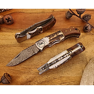 WINTERFELL Personalized Damascus Steel Pocket Folding Knife Stag Antler Handle 6.5", Customized Gift for Husband Dad, Custom Groomsmen Gifts, Best Man Gifts for Wedding