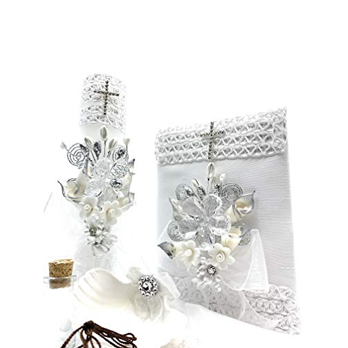 Baptism Candle Set with Flowers and Crystal Decoration
