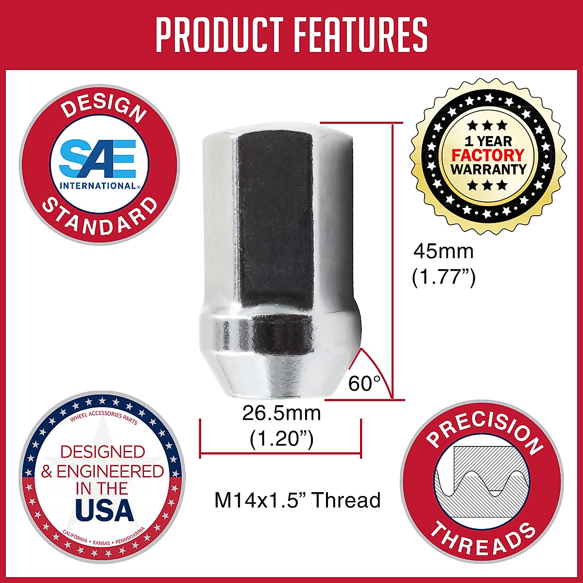 Wheel Accessories Parts 24 Pcs M14x1.5 14x1.5 OEM Style Lug Nuts GM 9596070 | 611-236 1.77" Long Chrome 7/8" Hex Fits Chevrolet 2008+ Silverado 1500 | GMC Sierra 1500 | Cadillac Escalade