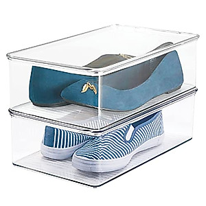 mDesign Plastic Closet Organizer Box Containers with Hinged Lid for Bedroom Shelves/Cabinets, Holds Flats, Sandals, Sneakers, Dress Shoes, Heels, Booties, and Wedges, Ligne Collection, 2 Pack, Clear