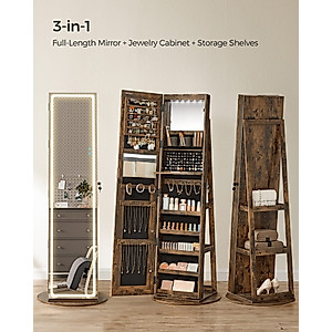 SONGMICS LED Mirror Jewelry Cabinet Standing, Lockable Jewelry Armoire with Full-Length Mirror and Adjustable LED Lights, Space-Saving Jewelry Organizer with Mirror, Gift Idea, Rustic Brown UJJC008X01