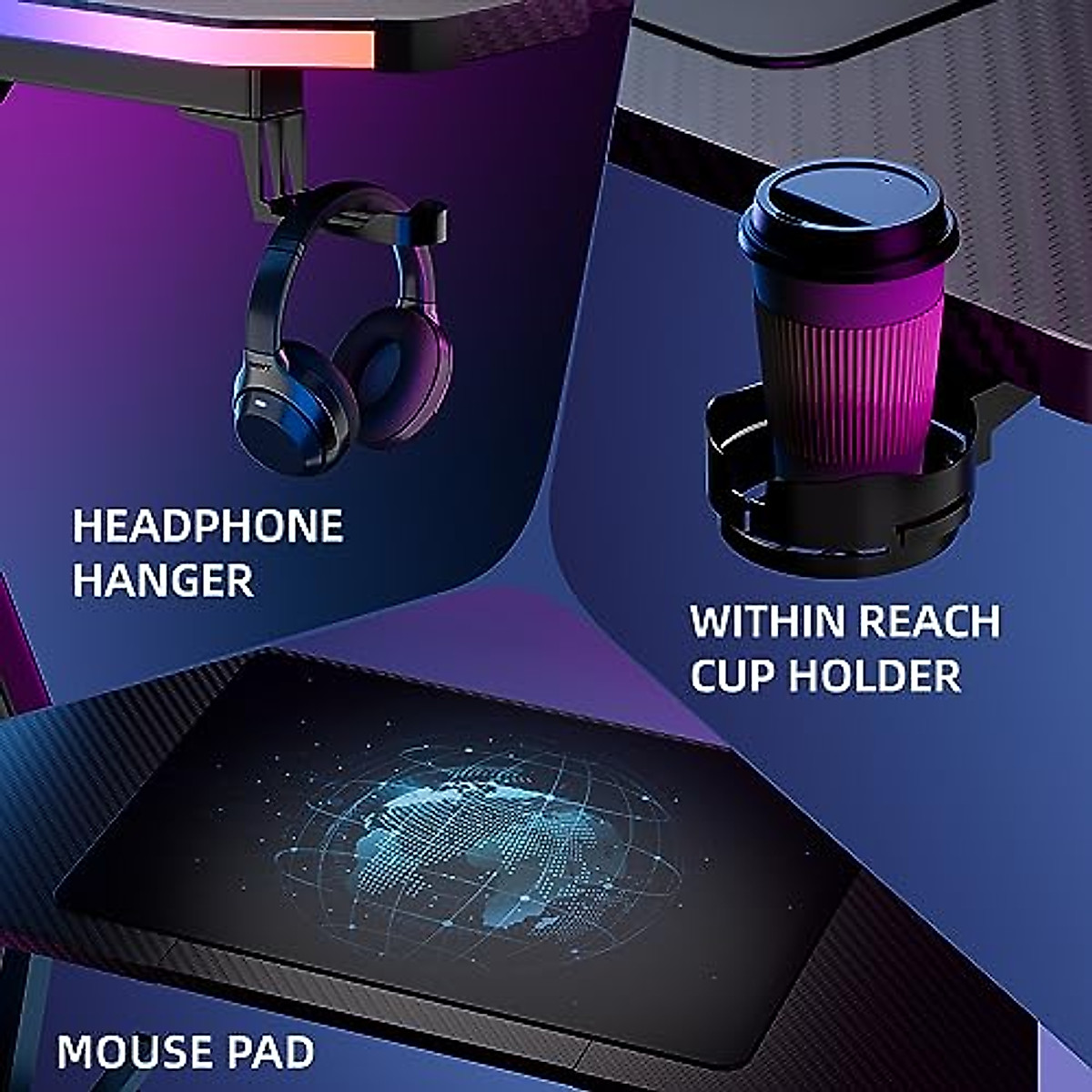 Kemon Gaming Desk with LED Lights, Z Shaped PC Gaming Table Computer Desk Ergonomic Home Office Desks, Carbon Fibre Surface Gamer Workstation with Mouse Pad, Cup Holder and Headphone Hook (63 inch)