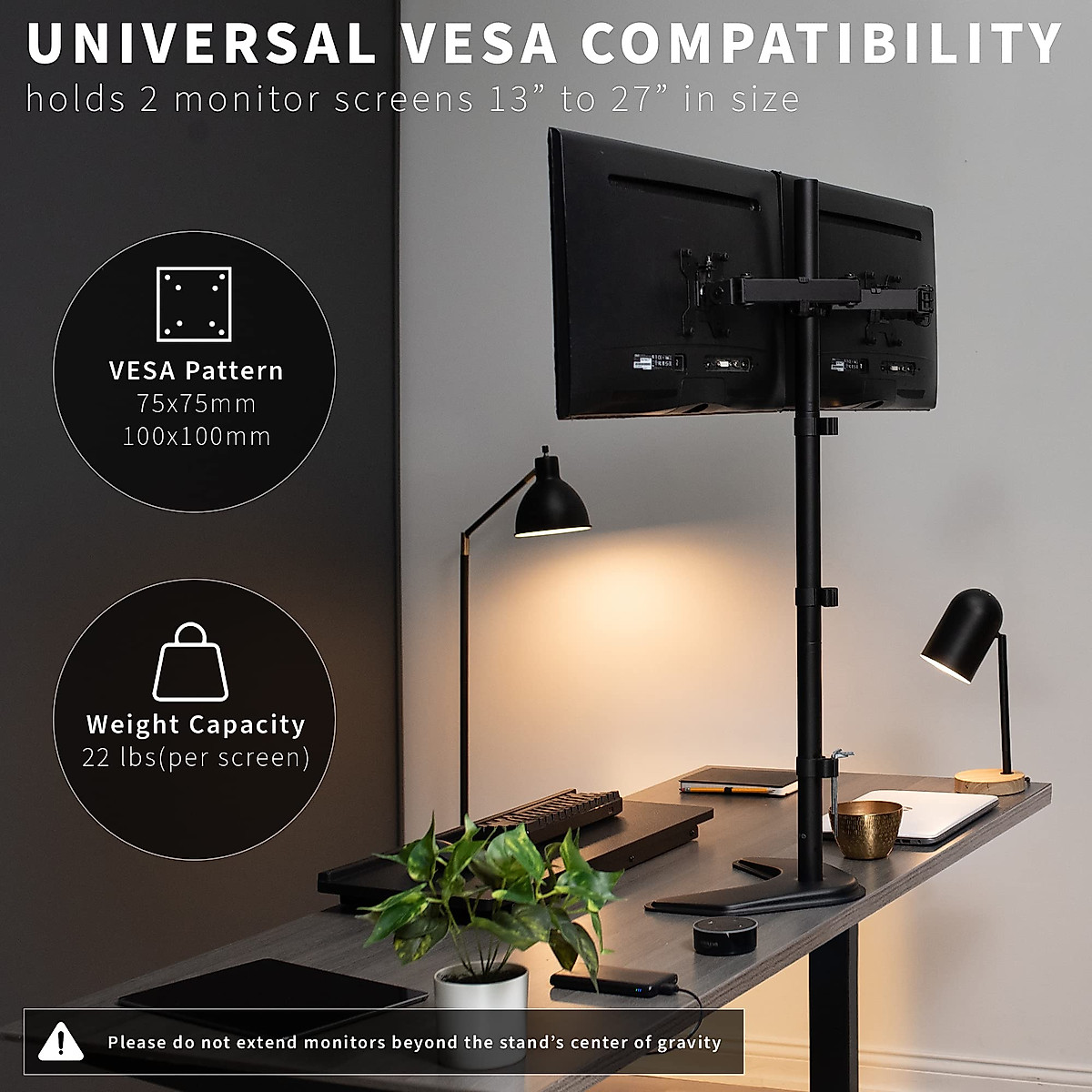 VIVO Dual 13 to 27 inch LED LCD Monitor Free-Standing Desk Stand, Holds 2 Screens, Heavy-Duty Fully Adjustable Arms with Max VESA 100x100mm, Extra Tall 40 inch Pole, Black, STAND-V012F