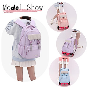 Solid-Color Rolling Backpack for Girls, Trolley Pink Wheel School Bag, Wheeled Bookbag on 6 Wheels