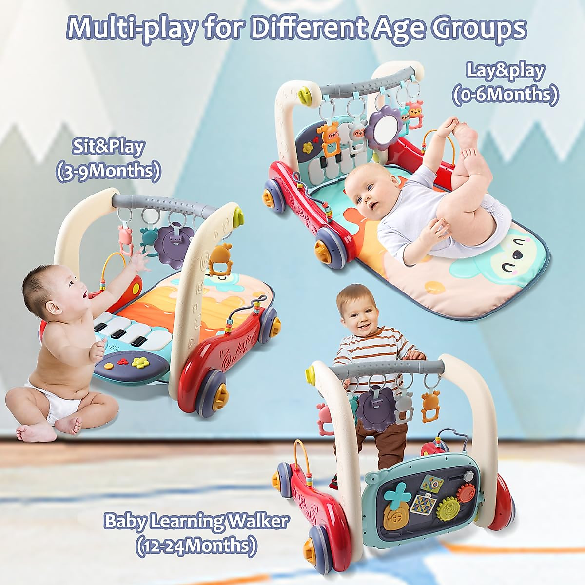 ATUTEN Baby Play Mat Baby Gym,Baby Learning Walker Kick and Play Piano Gym Activity Center mat with 5 Infant Learning Sensory Toys, Music and Lights-Infant Play mat for Infant Newborn Toddlers