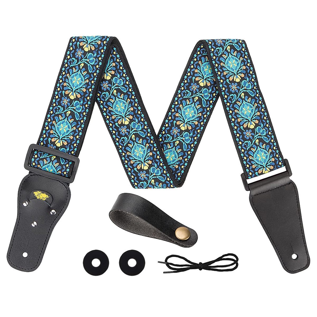 NeuSchwan Adjustable Electric Guitar Strap/Acoustic Guitar Strap/Bass Strap-Cotton Jacquard Embroidered Genuine leather Ends Guitar Straps with 1 Pick Holder, Free Bonus 2 Silicone Strap Locks, Blue