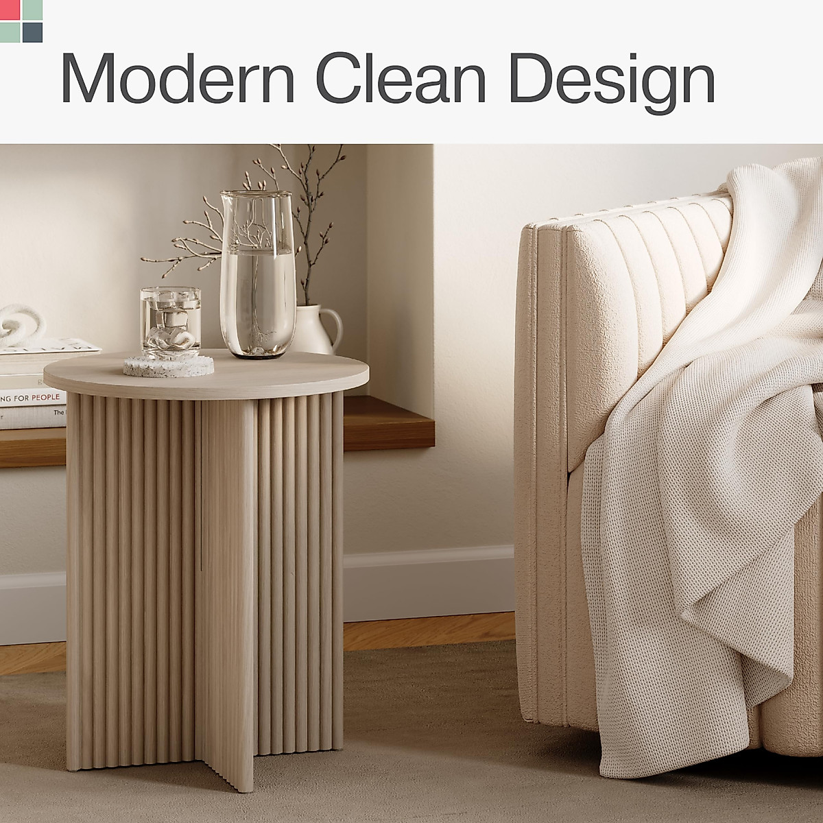 Round Fluted Accent Side Table - Pedestal Drink Table - Modern Home, Bedroom, and Living Room Furniture - Small Round End Table with Solid Wood X-Base and Wood Veneer Top (Weathered White)