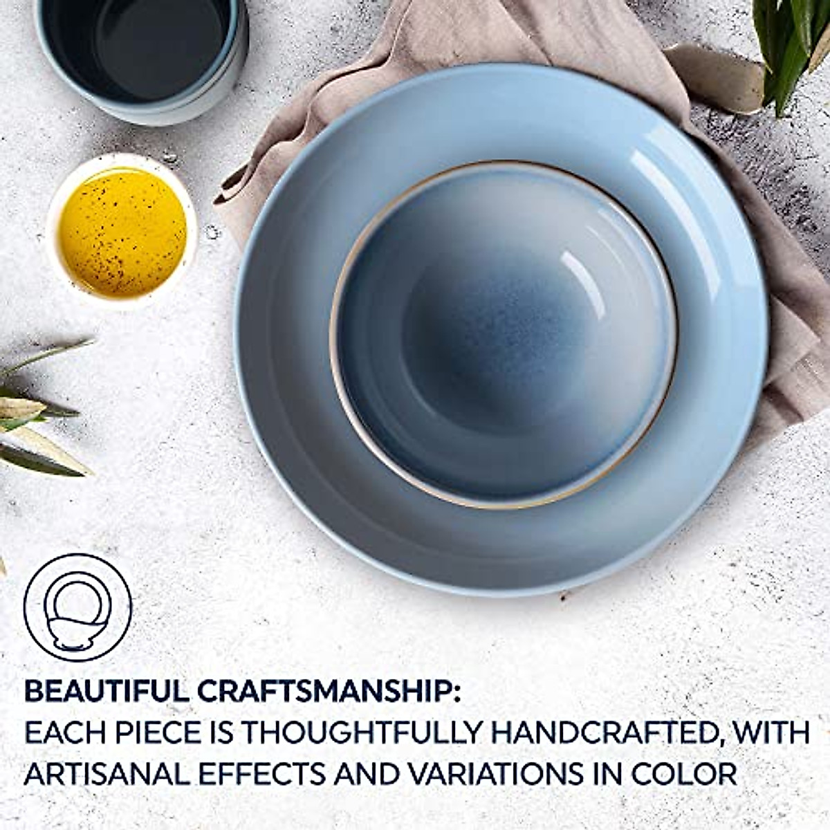 Corelle Stoneware 16-Pc Dinnerware Set, Handcrafted Artisanal Double Bead Plates, Meal Bowls, Bowls and Tumblers, Solid and Reactive Glazes, Dining Plate Set, Nordic Blue