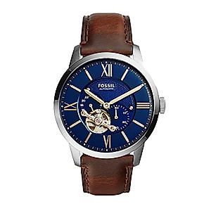 Fossil Men's Townsman Automatic Stainless Steel and Leather Two-Hand Skeleton Watch, Color: Silver, Brown (Model: ME3110)