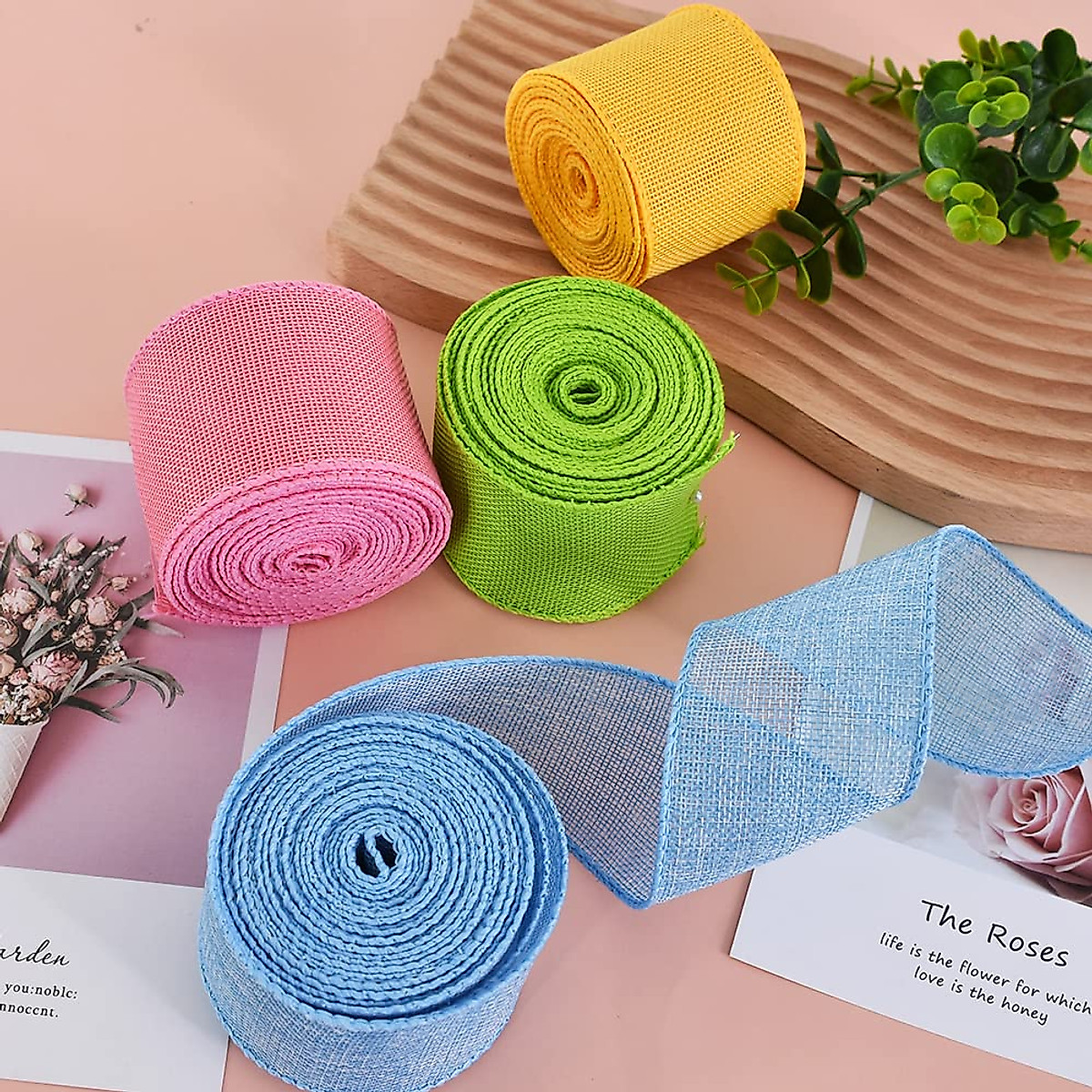 TONIFUL 4 Rolls Easter Ribbon, Burlap Wired Ribbons, Yellow, Pink, Baby Blue, Green, Faux Burlap Ribbon, for Easter Home Decor Wreath Front Door Gift Wrapping Tree Topper Bow Crafts (2 Inch x 40 yds)