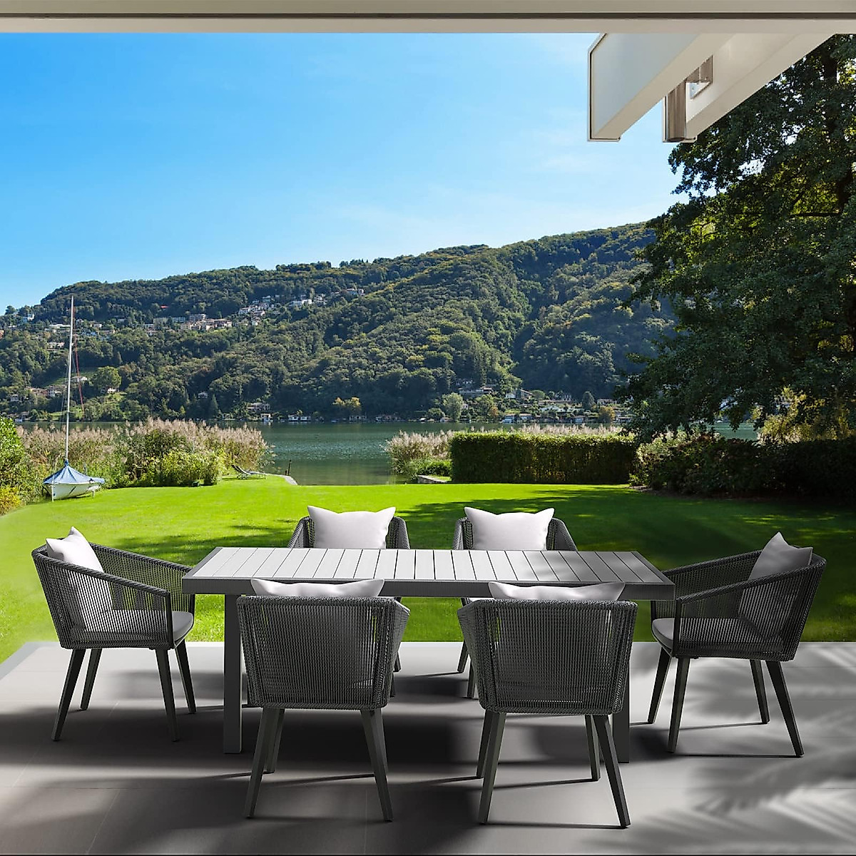 Astomi 7 Pieces Outdoor Patio Dining Set, Rattan Patio Furniture Table and Chairs for 6 with Cushion, for Backyard, Balcony, Garden (Light Grey)