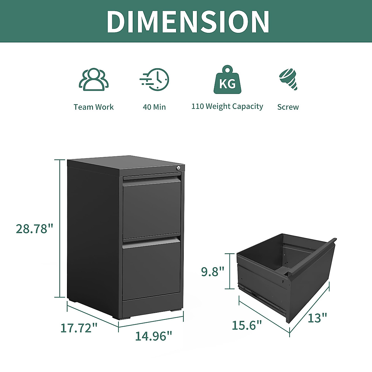 BIZOEIRON 2 Drawer File Cabinet with Lock, Metal Vertical Filing Cabinets for Home Office, Steel Storage Cabinet for Hanging Legal/Letter Size Files, Assembly Required (Black)