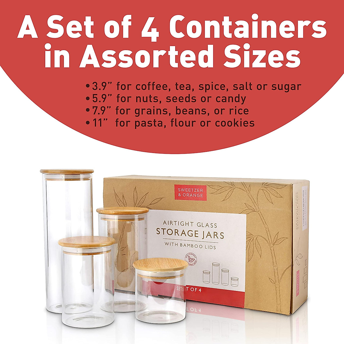 Glass Food Storage Containers with Lids by Sweetzer and Orange - Set of 4 Kitchen Canisters - Candy, Cookie, Rice and Spice Jars - Sugar or Flour Container - Big and Small Airtight Food Jar for Pantry