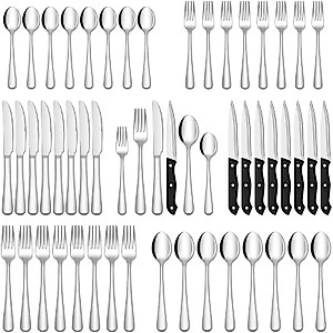 EUIRIO 48-Piece Silverware Set with Steak Knives, Heavy Duty Stainless Steel Flatware Set for 8, Food-Grade Tableware Cutlery Set, Utensil Sets for Home Restaurant, Mirror Finish, Dishwasher Safe