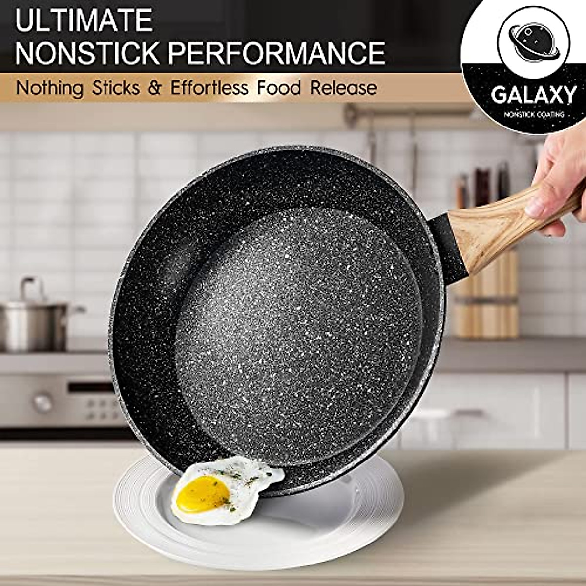 MICHELANGELO Frying Pan Set, Frying Pans Nonstick, Non Stick Frying Pan Set with Bakelite Handle, Nonstick Pans Set, Stone Skillets 2 Piece, frying pan set with lids, 8"+10" Stone Frying Pans