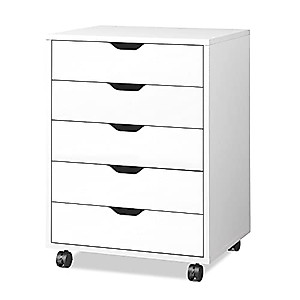 DEVAISE 5-Drawer Chest, Wood Storage Dresser Cabinet with Wheels, White