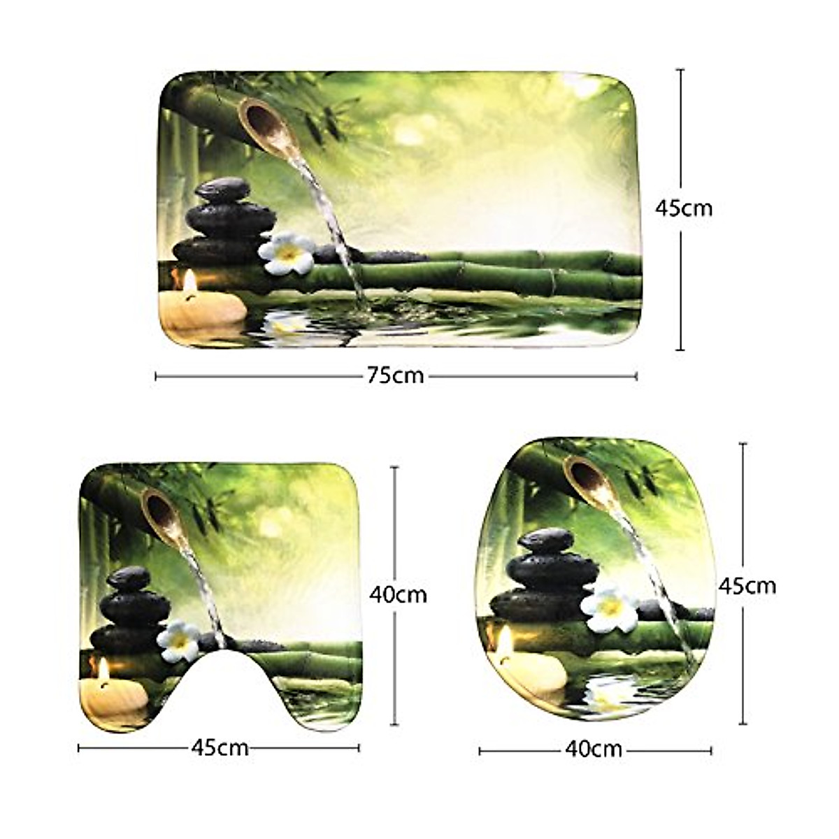 Amagical Zen Garden Theme Decor View Japanese Design 3 Piece Bathroom Mat Set Relaxation Bamboos Candles Bath Mat Contour Mat Toilet Cover