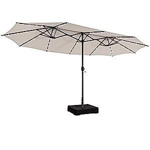 Giantex 15ft Large Outdoor Umbrella Double-Sided, 48 Solar Lights, Auto-Charging Solar Panel, Extra Large Patio Umbrella with Base and Crank, Outdoor Market Umbrellas for Poolside Garden (Beige)