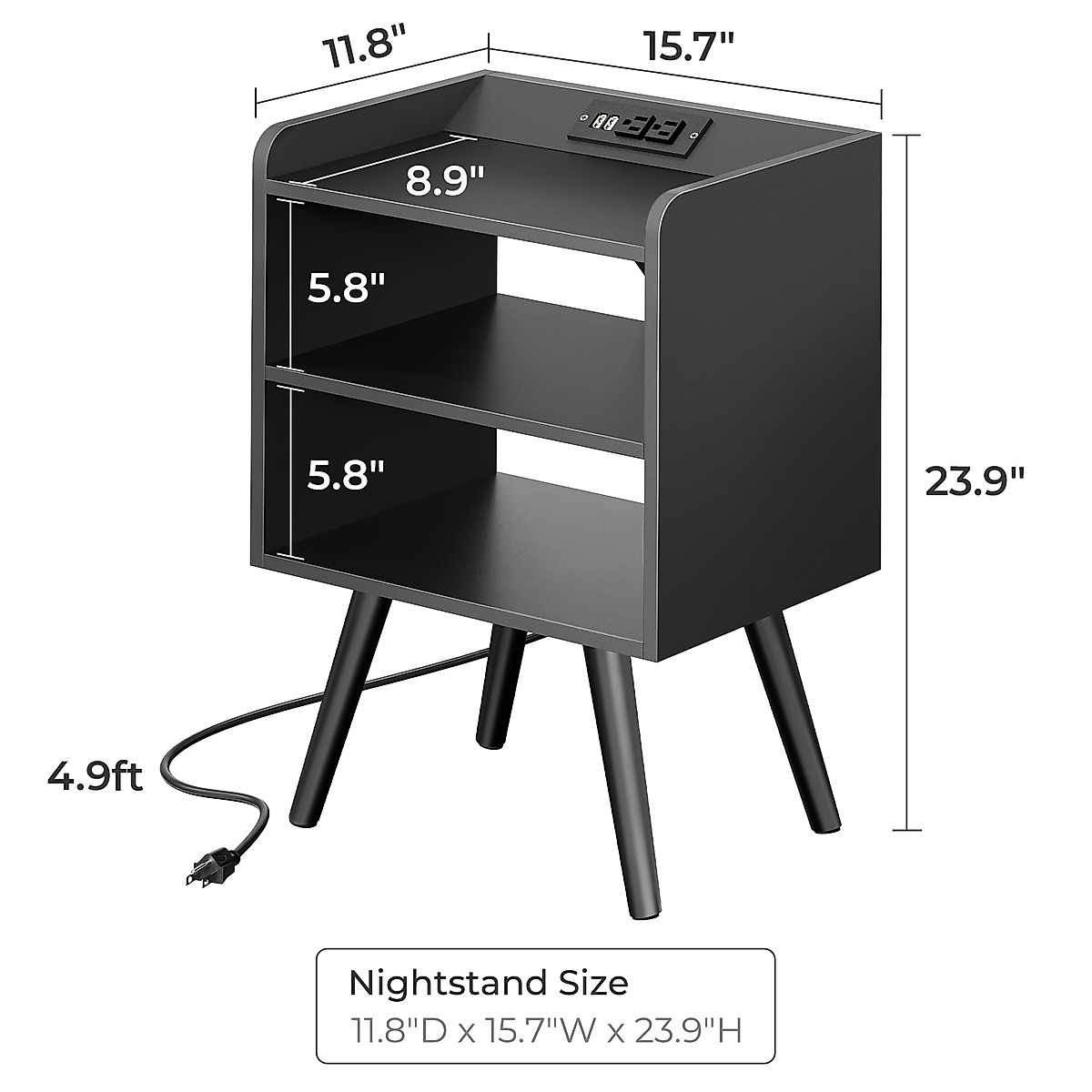 Huuger Night Stand with Charger Station, Black Nightstand, Bedside Table, 3 Tier End Table with Solid Wood Feet, Slanted Power Panel, Side Table with Storage for Bedroom