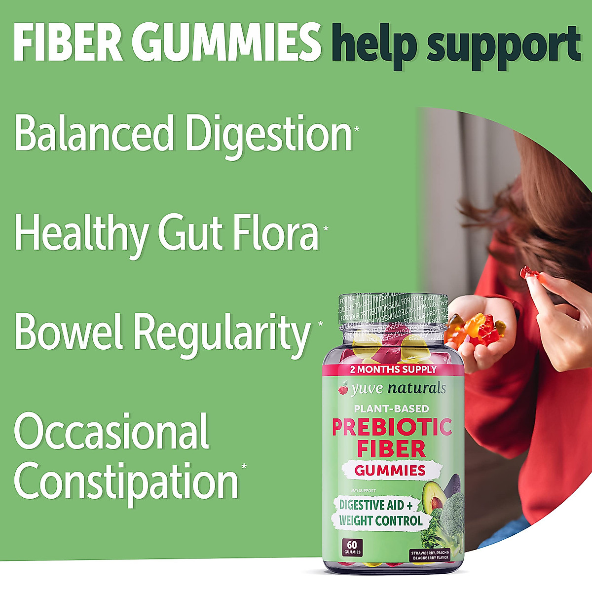 Yuve Prebiotic Fiber Gummies - Delicious - 3g Soluble Fiber Supplement - Supports Digestive Health & Regularity - Vegan & Gluten-Free Fiber Gummies for Adults & Kids - Non-GMO & Low Sugar - 60 Count