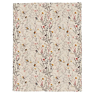 Spring Super Soft Cozy Flannel Fleece Blanket- Retro Birds Flower Plants Linen Texture Farmhouse Style Lightweight Comfy Throw Blanket for Bed/Couch/Sofa/Camping 40 x 50 Inche