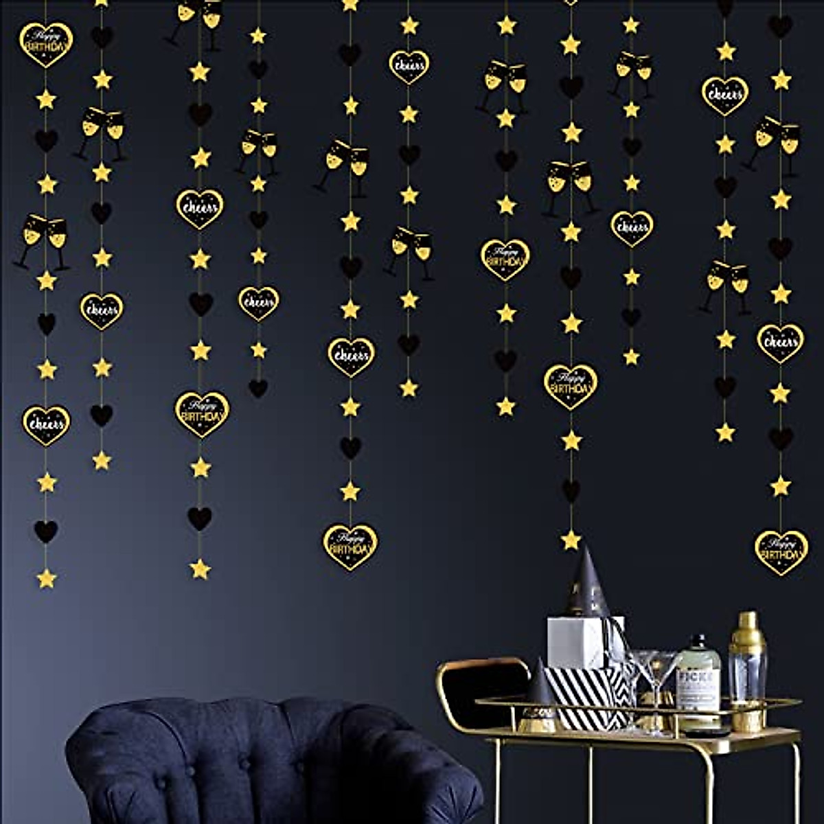52Ft Black Gold Happy Birthday Decorations Happy Birthday Hearts and Wine Glass Star Garland Hanging Bunting Banner Streamers Backdrop for Women Mens 30th 40th 50th 60th 70th Birthday Party Supplies