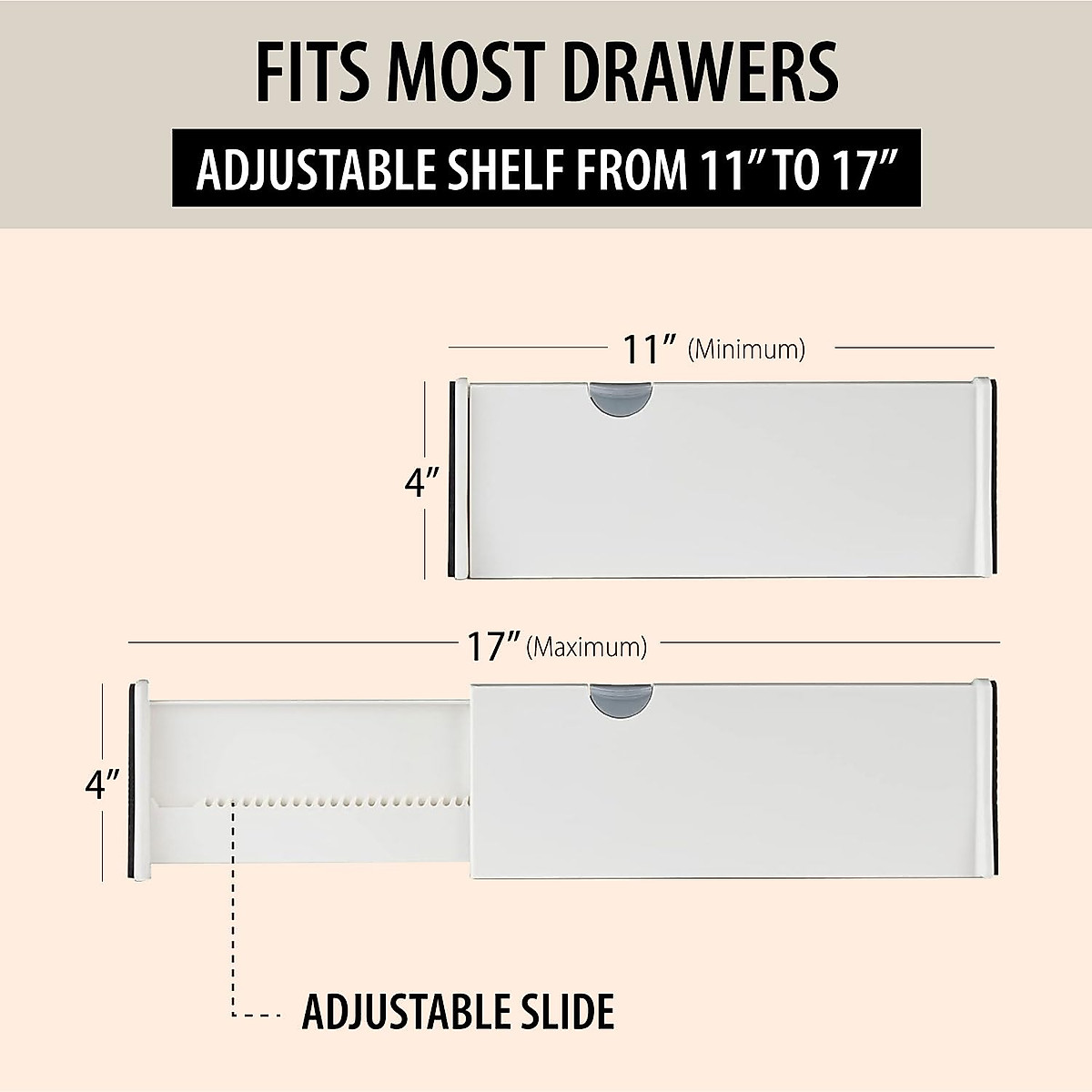 Drawer Dividers Adjustable for Clothes by Maginare, Pack of 5, Easy Locks in Place, EVA Foam Ends, 4" High, Expandable 11-17", Sturdy, for Bedroom, Bathroom, Closet, Office