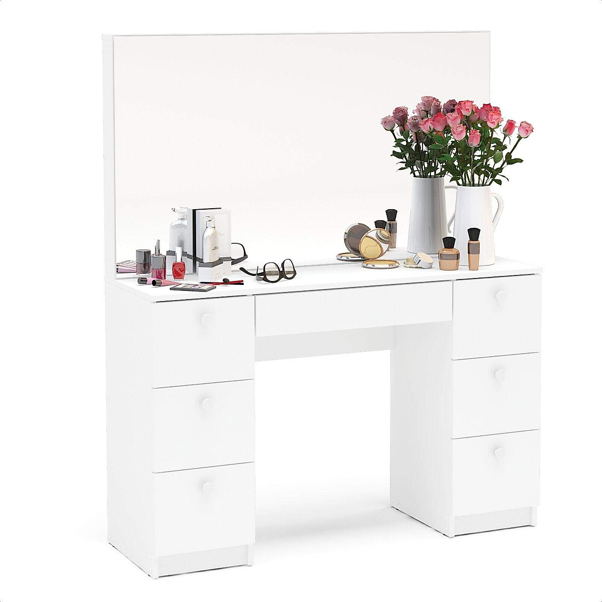Boahaus Artemisia 7-Drawer Modern Wood Dressing Table with Mirror in White